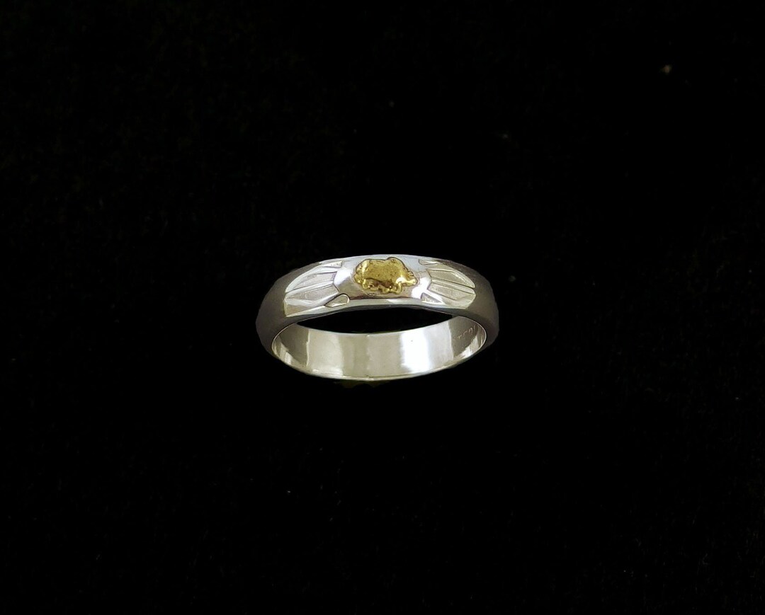 Wide Single Nugget Ring - Sterling Silver and Natural Gold Nugget Ring ...