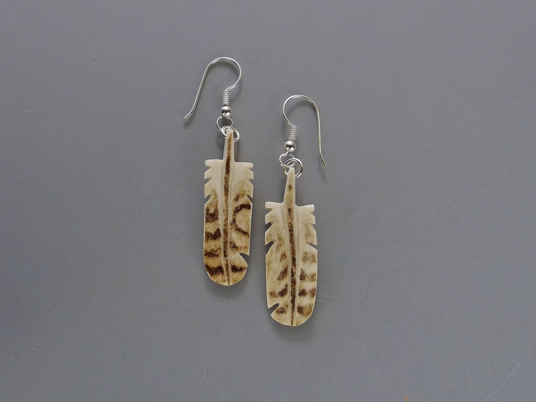Handcarved Owl Feather Earrings Alaskan Caribou Antler Etsy