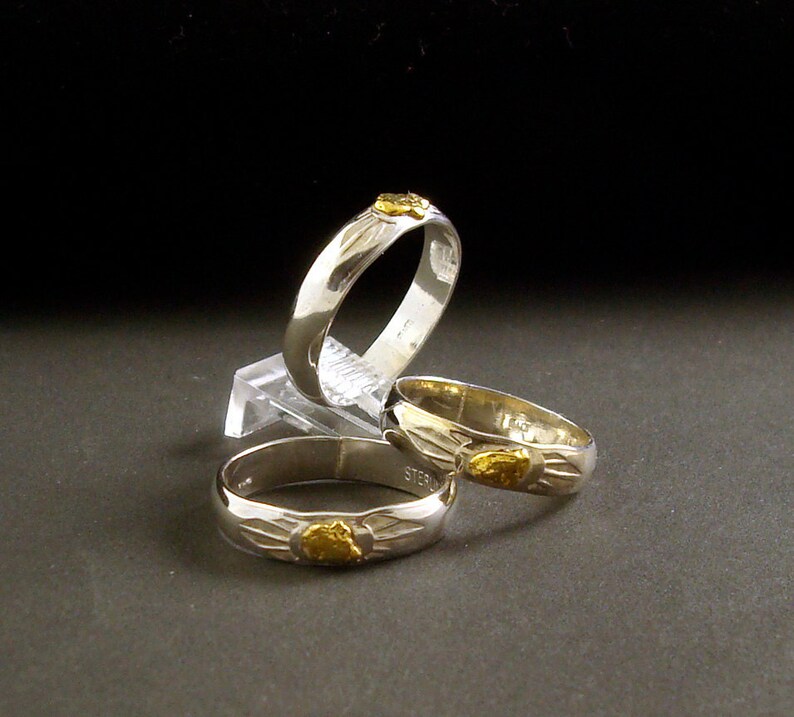 Wide Single Nugget Ring Sterling Silver and Natural Gold | Etsy