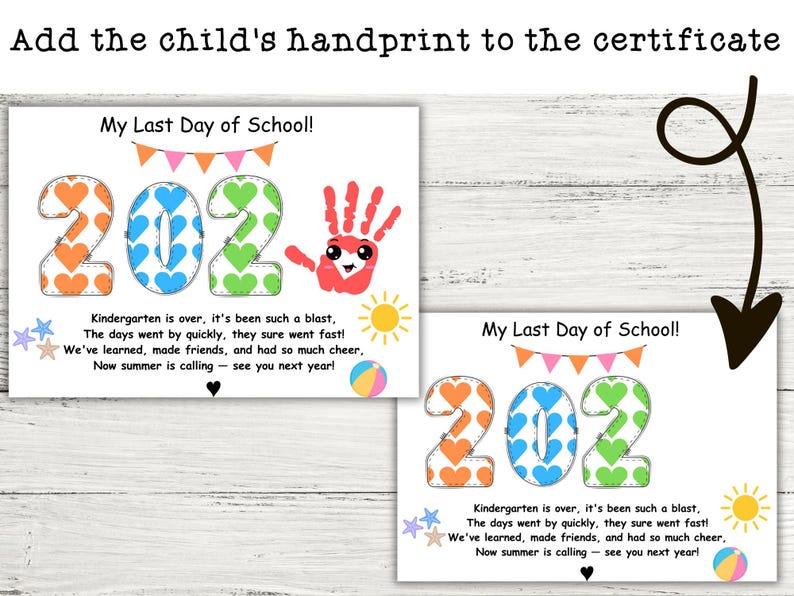 Last Day of Kindergarten Handprint Certificate – Printable PDF – End of ...
