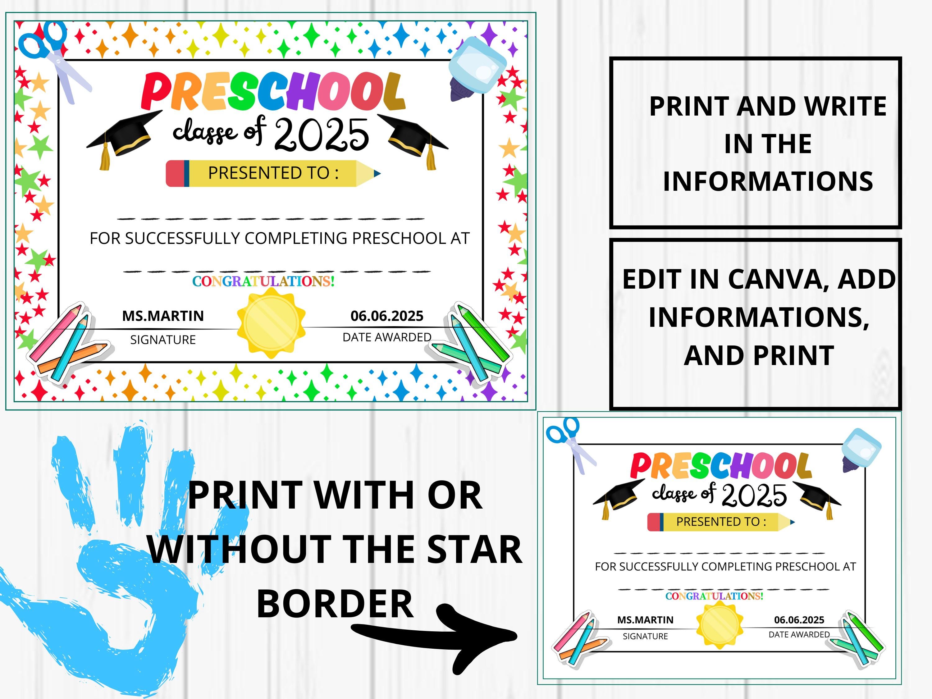 Printable Preschool Graduation Certificate 2025 – Editable PDF Diploma ...