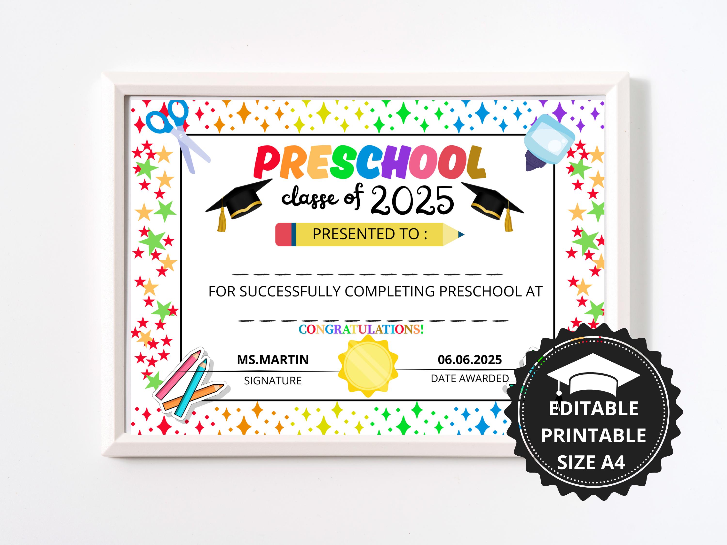 Printable Preschool Graduation Certificate 2025 – Editable PDF Diploma ...