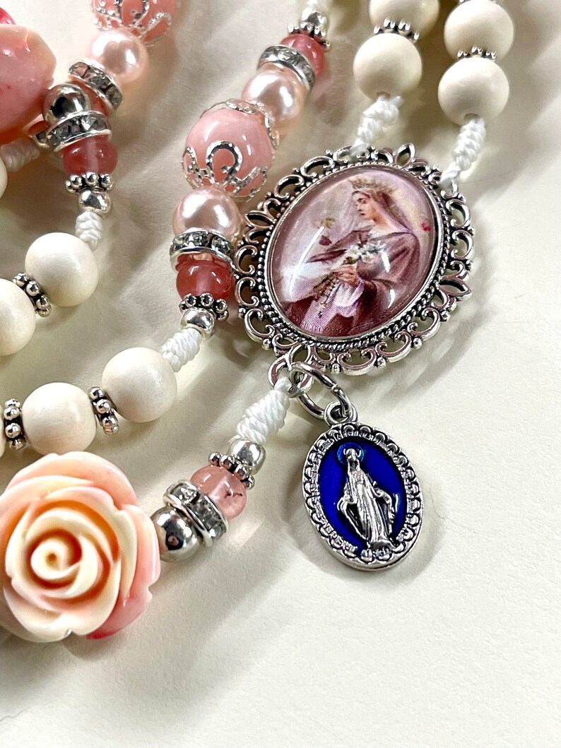 Handmade Catholic Rosary White Wooden. Pink Rose Beads, Rose Quartz ...
