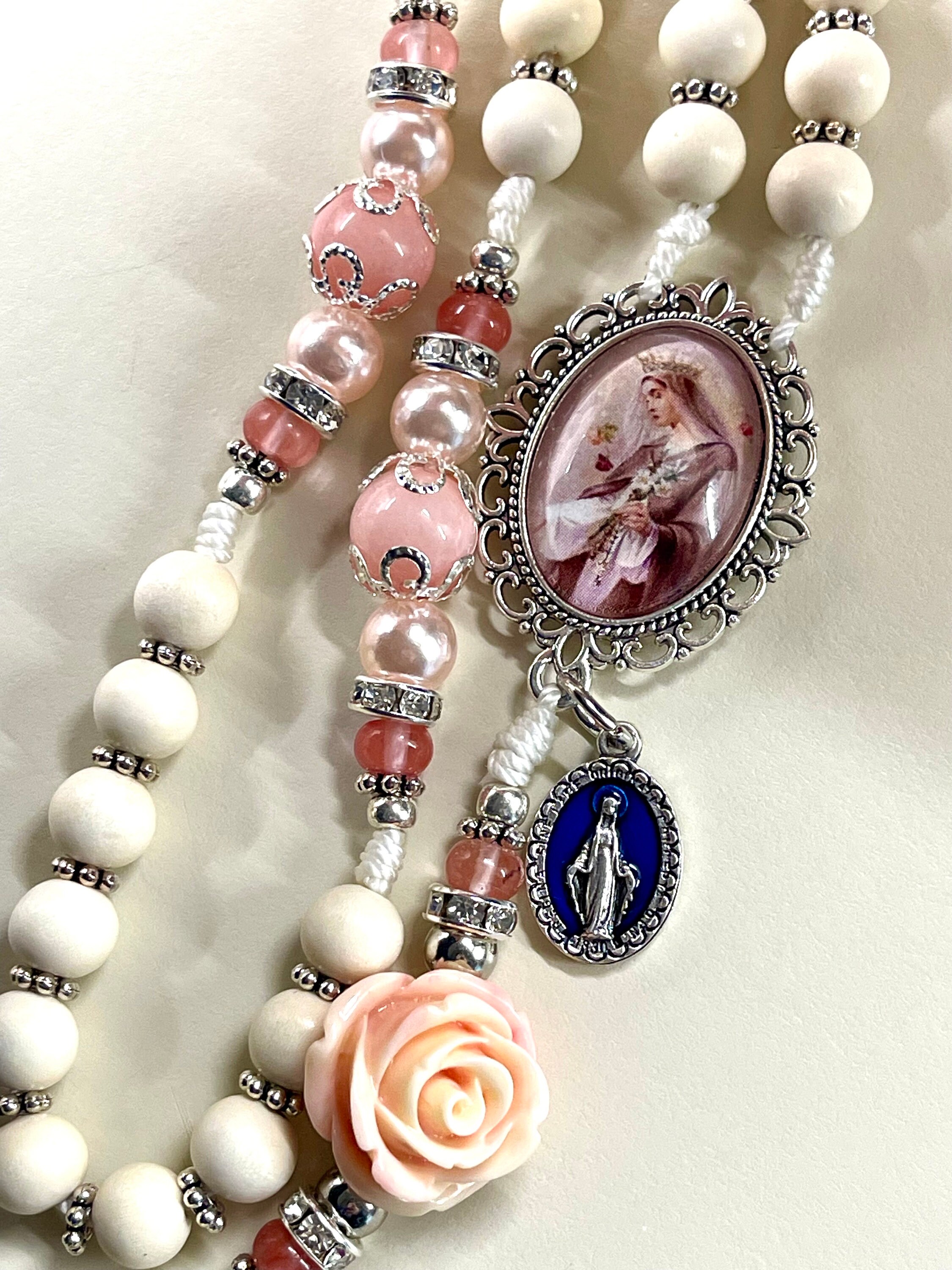Handmade Catholic Rosary White Wooden. Pink Rose Beads, Rose Quartz ...