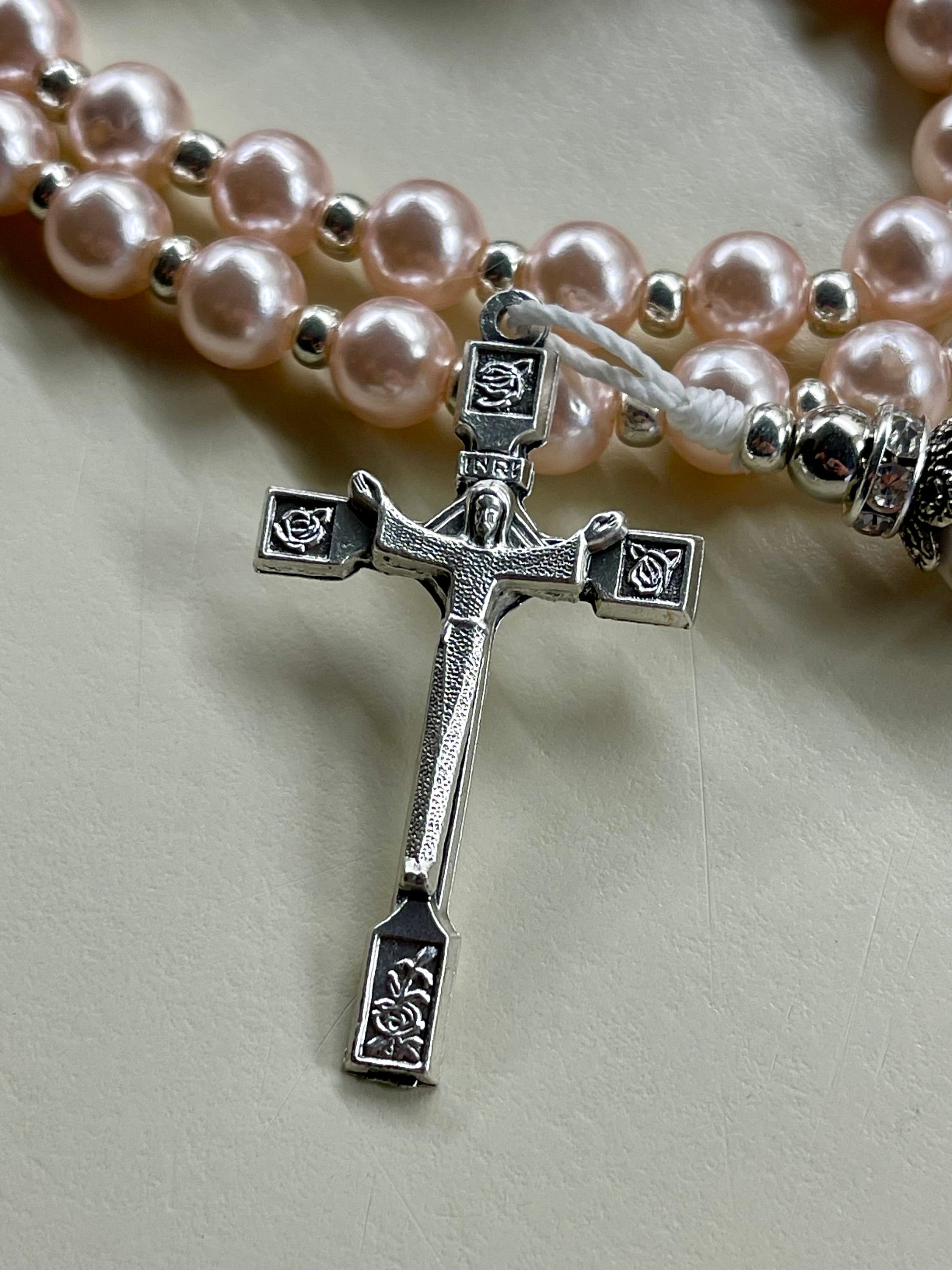 Handmade Catholic Rosary Blush Pink Pearl Beads Mary & Lamb Centerpiece ...