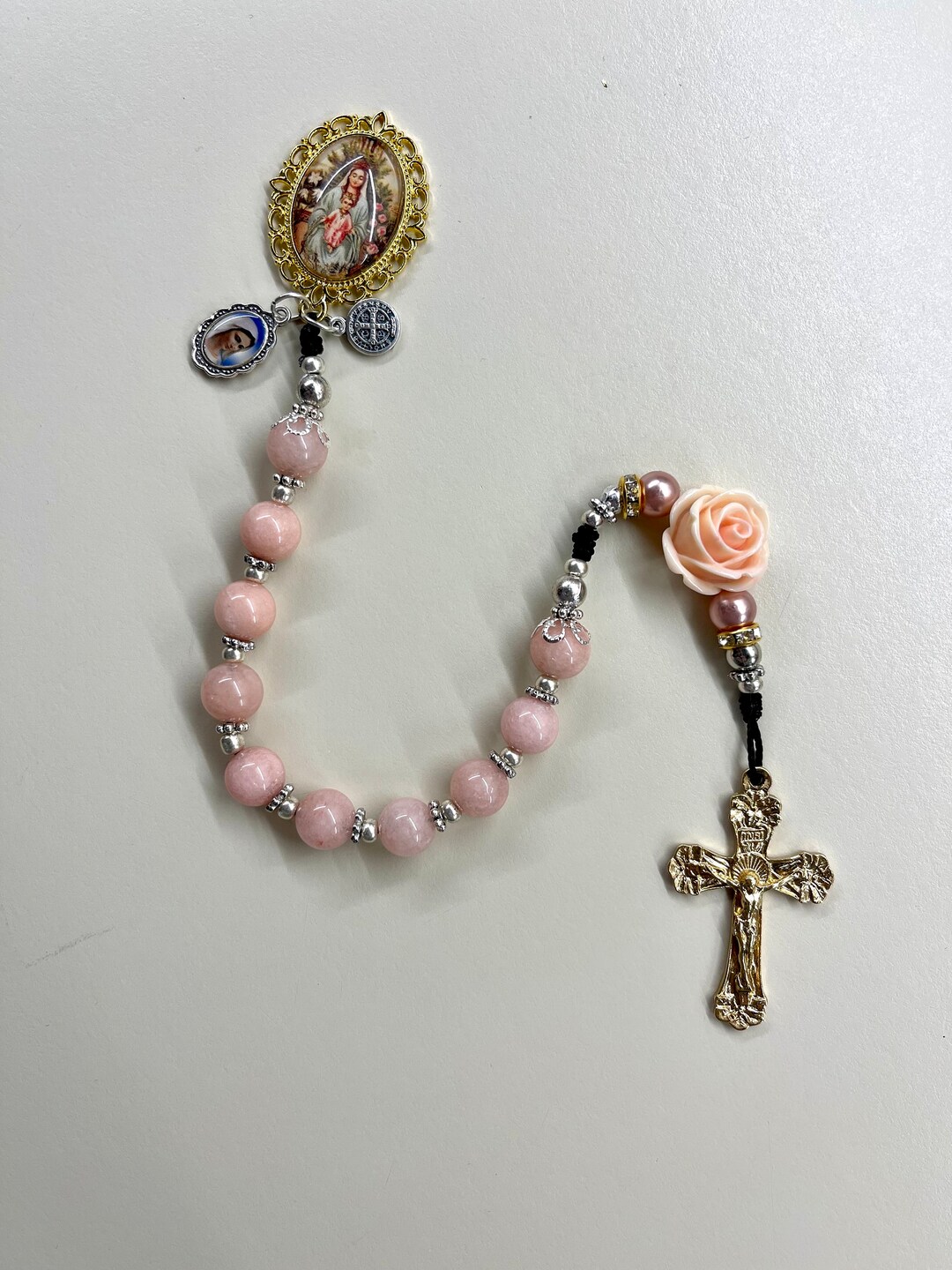 Handmade Pink Rosary, Pocket Rosary, Cameo Rosary, Pink Rose Quartz ...