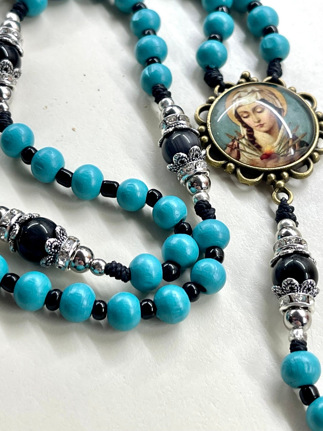 Mary of Seven Sorrows Rosary | Blue & Black Beads Catholic Mom Gift ...