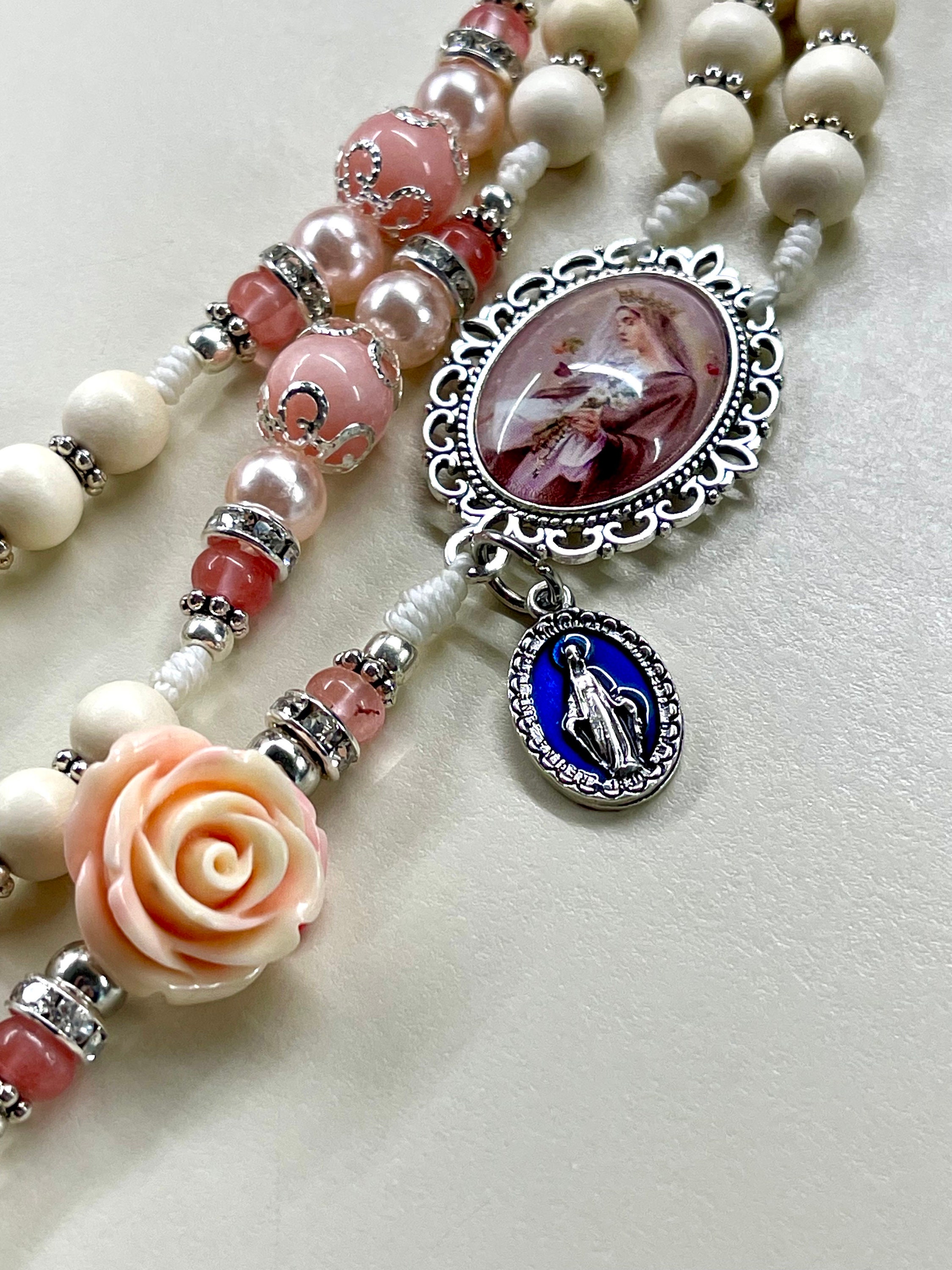 Handmade Catholic Rosary White Wooden. Pink Rose Beads, Rose Quartz ...