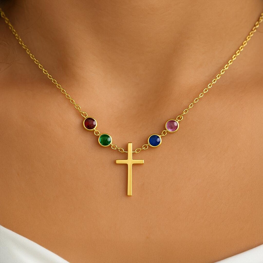 Cross Custom Necklace, Birthstone Personalize Necklace, Birthstone ...