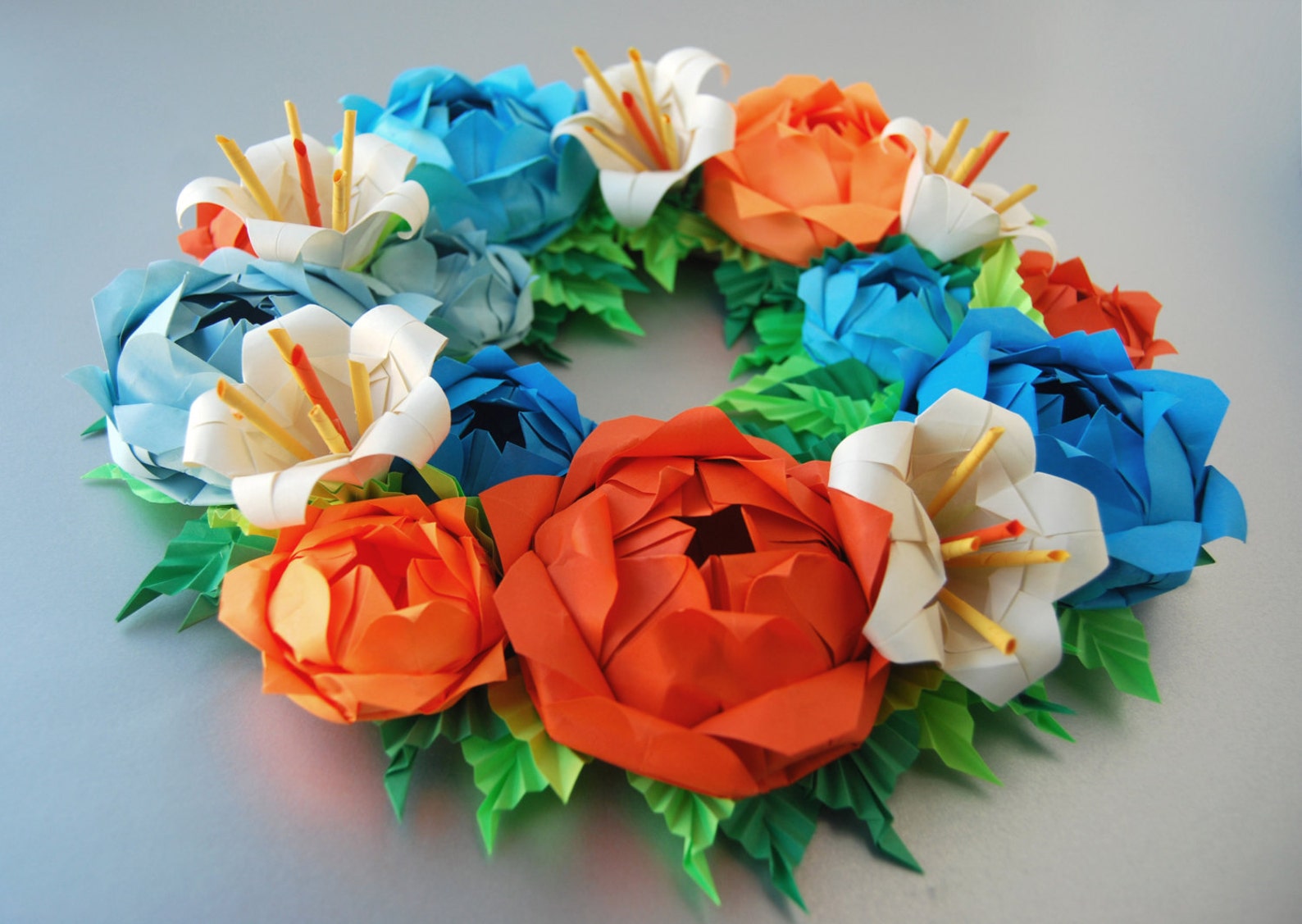 Blue Orange Rose Origami Paper Wreath With Cream Lilies, Mother's Day ...