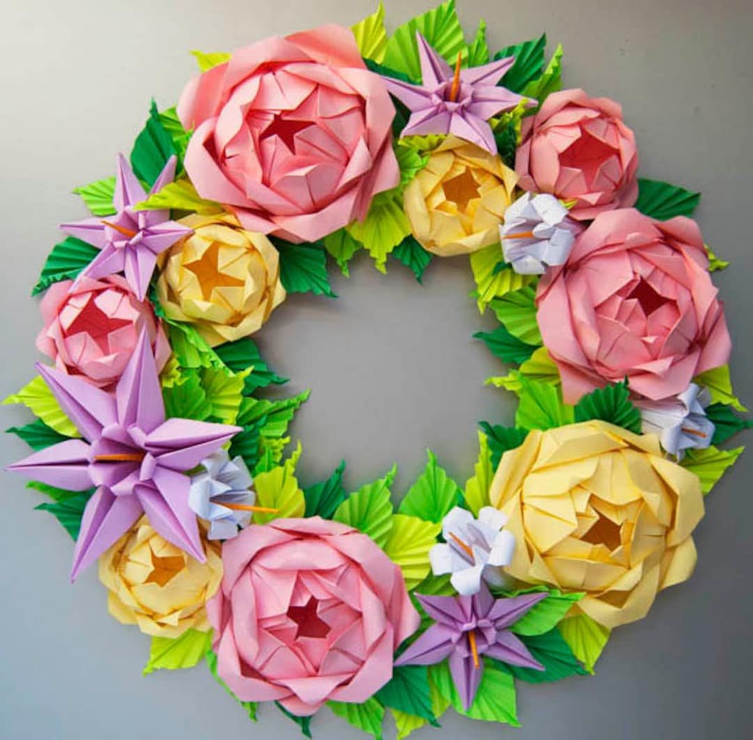 Valentine's Day Wreath, Baby Pink and Yellow Rose Origami Wreath ...