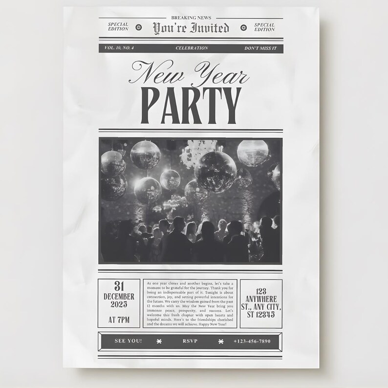 Editable Newspaper New Year's Eve Invitation Template | Vintage New ...