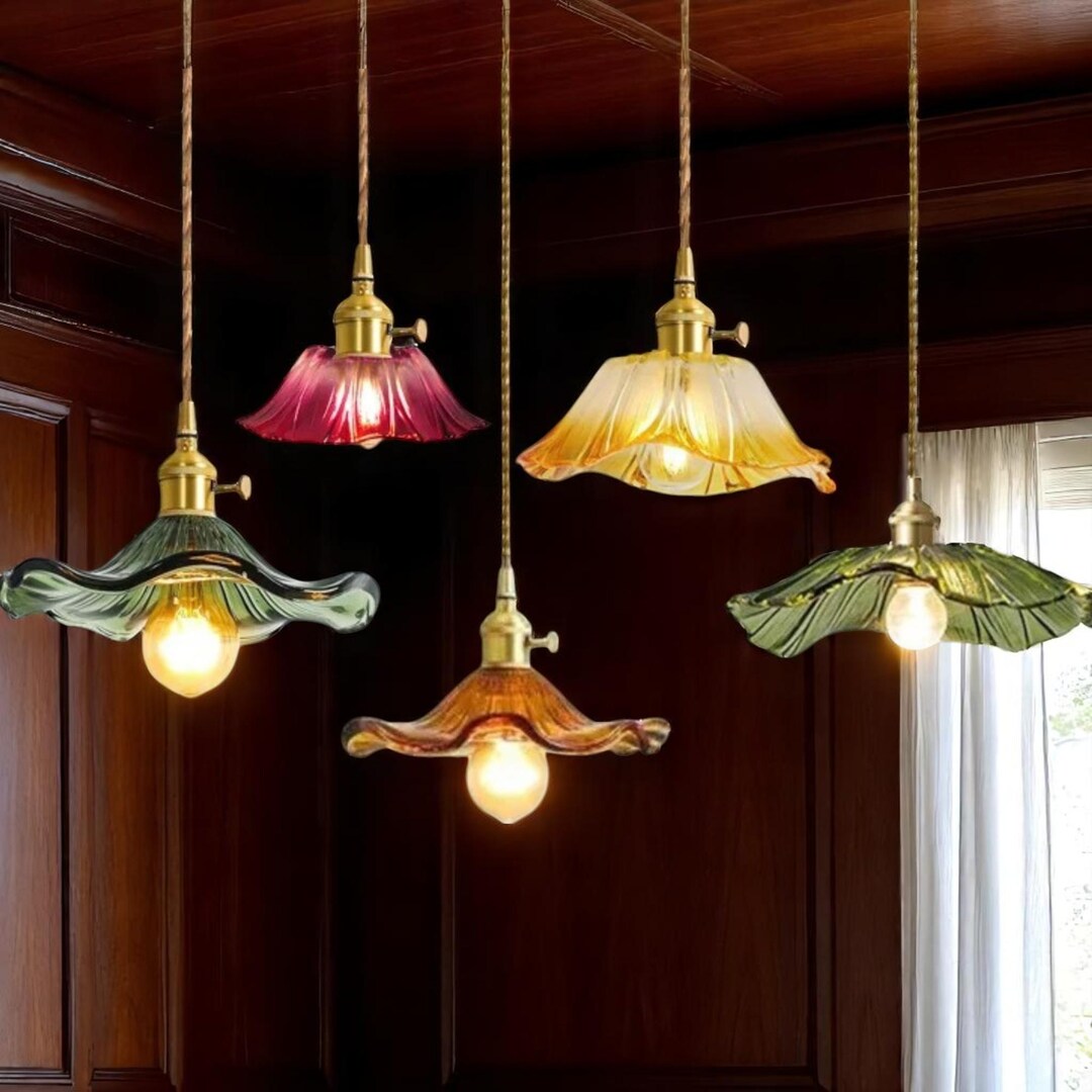 Vintage Floral Glass Ceiling Light – Retro Pendant Lamp for Kitchen ...