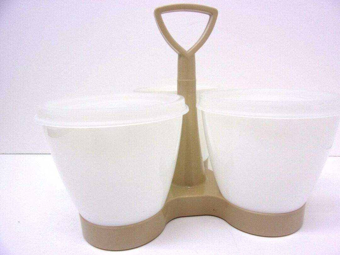 Vintage Tupperware Tan and Clear White Bowls Condiment Set With Handle ...