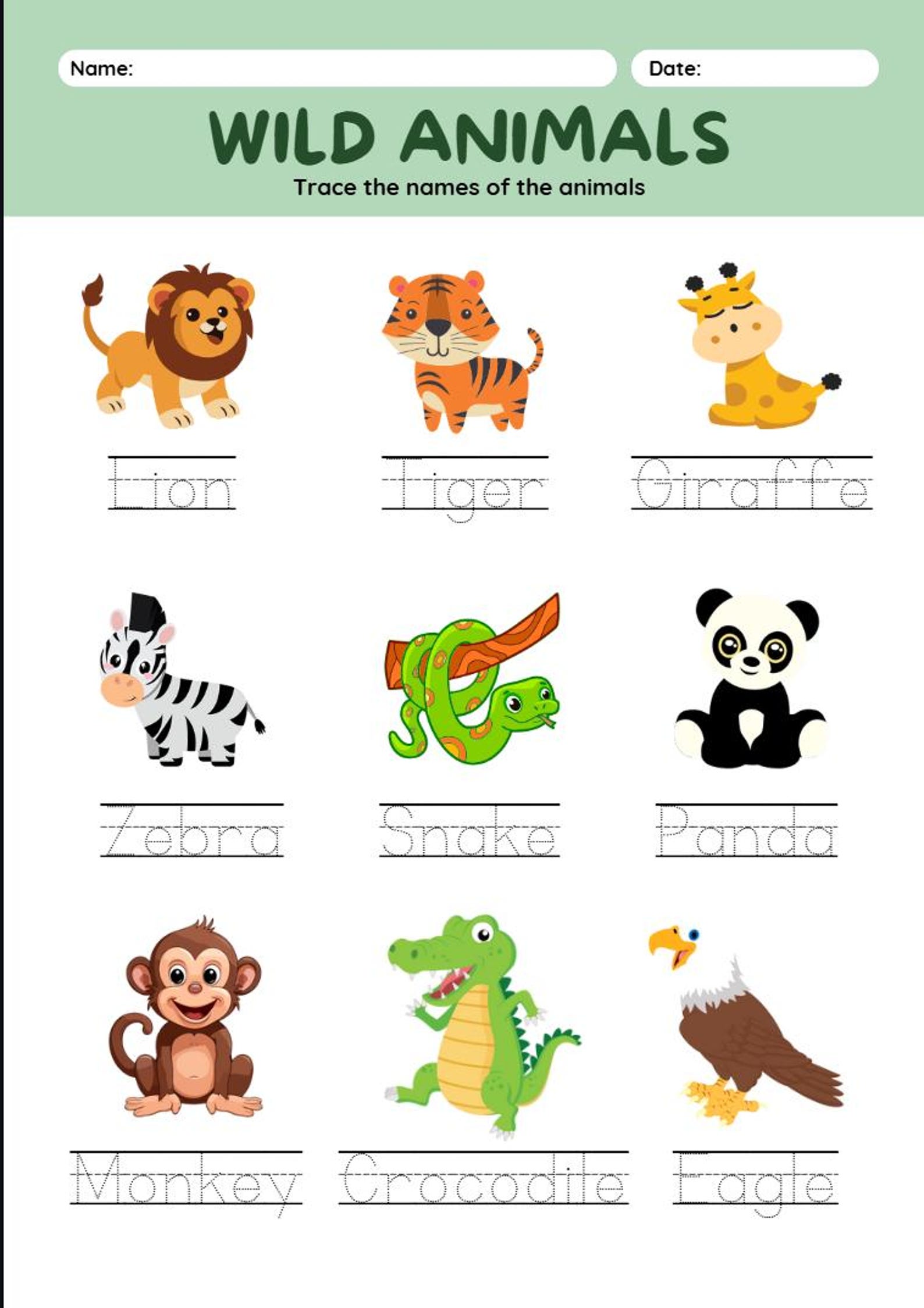 For Children, Trace Animal Names Worksheets - Etsy