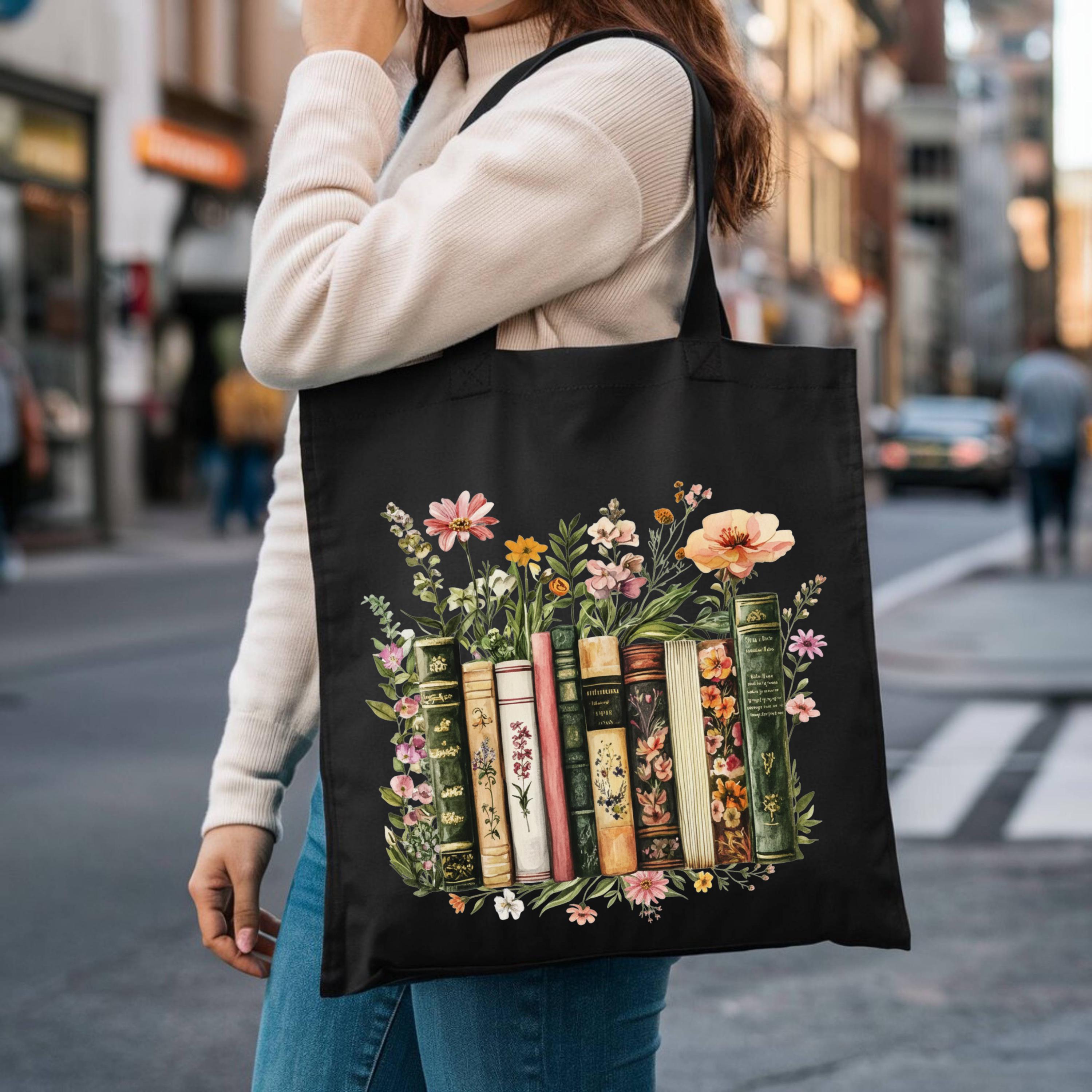 Artistic Floral Book Spine Tote Bag, Library Canvas Purse, Literature ...