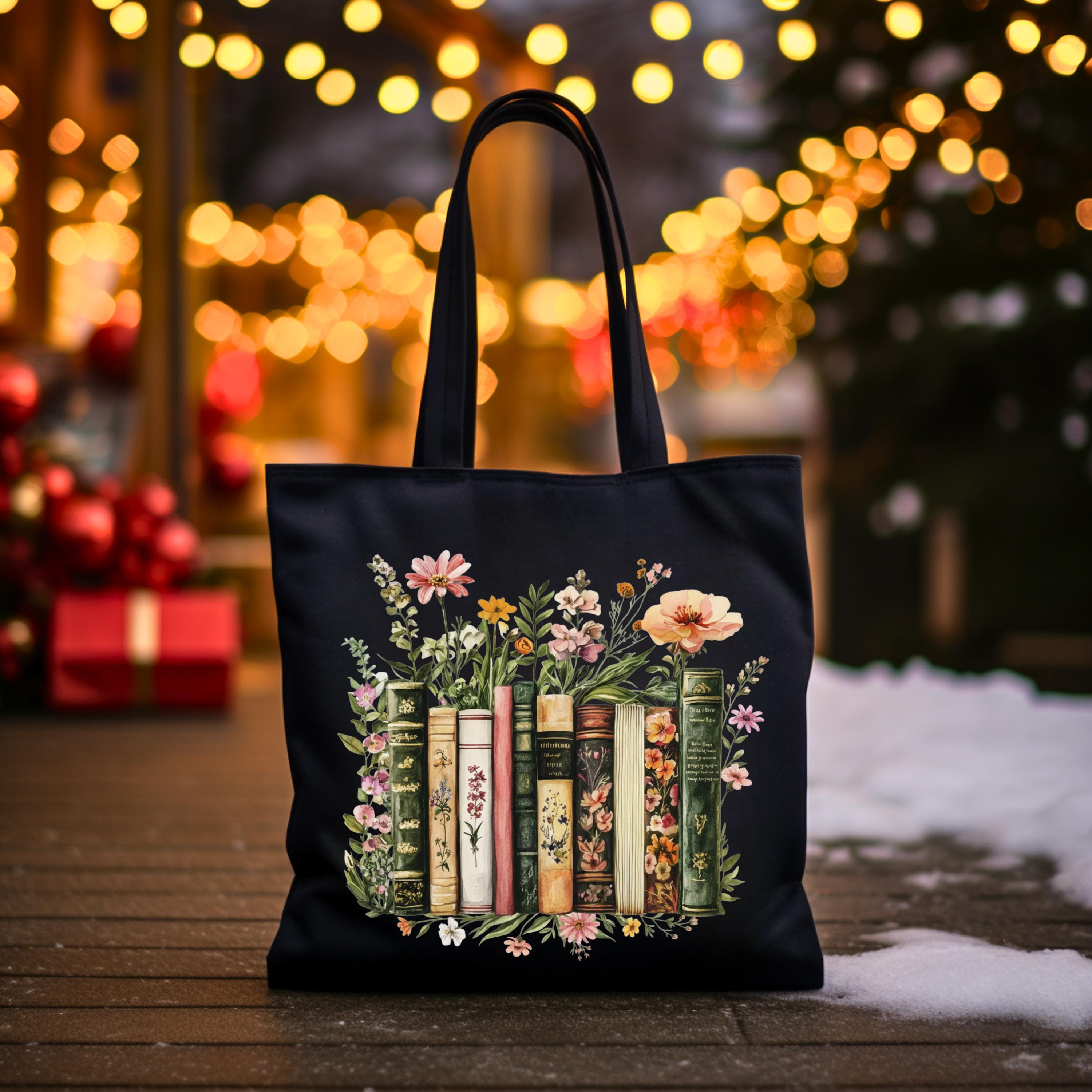 Artistic Floral Book Spine Tote Bag, Library Canvas Purse, Literature ...
