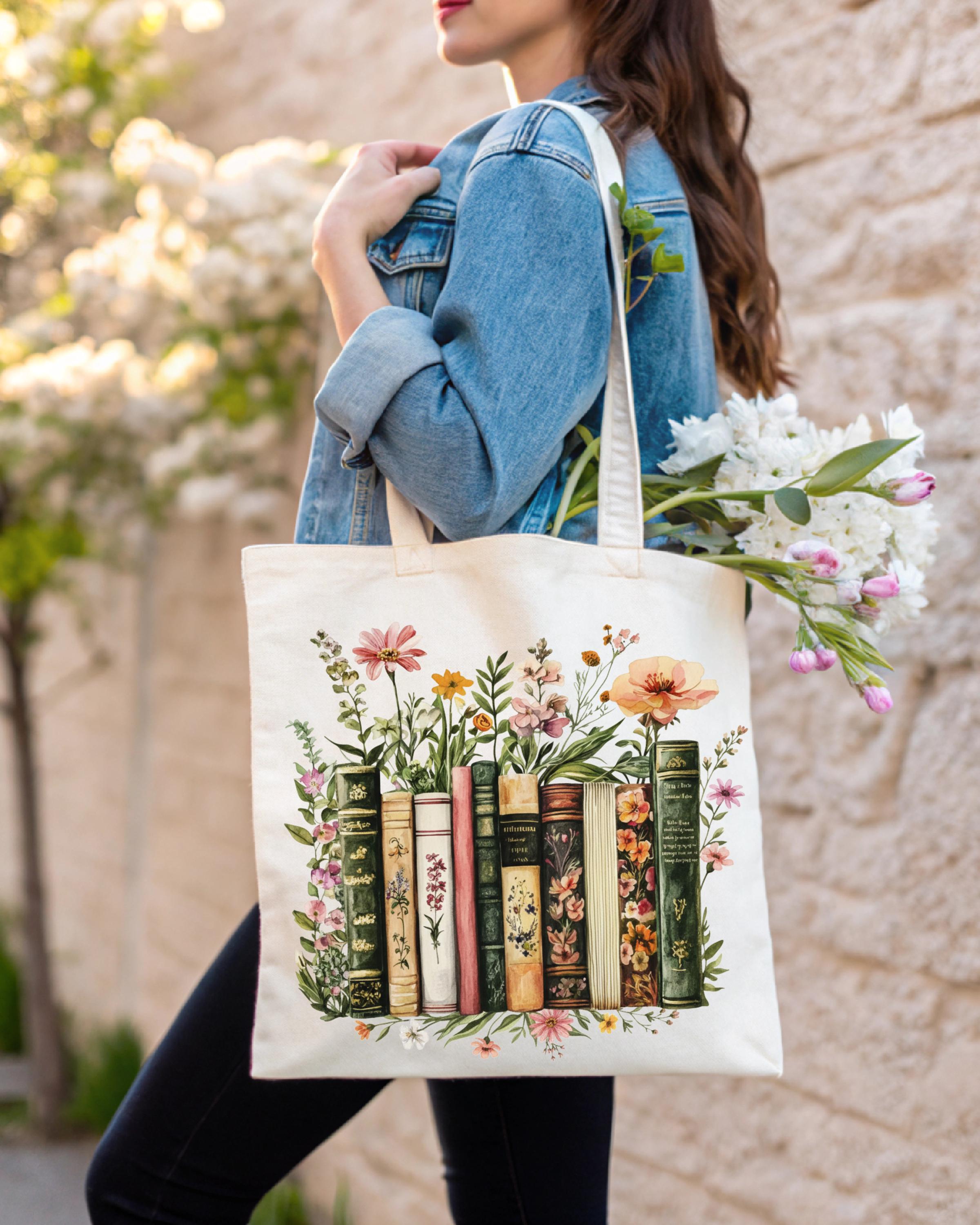 Artistic Floral Book Spine Tote Bag, Library Canvas Purse, Literature ...