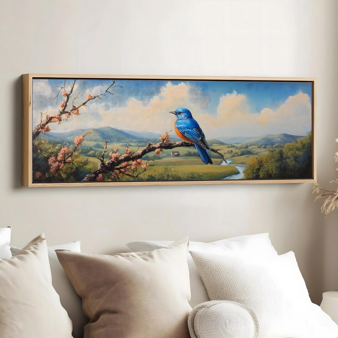 Eastern Bluebird Countryside Art Print, 1x3 Digital Bird Wall Decor ...