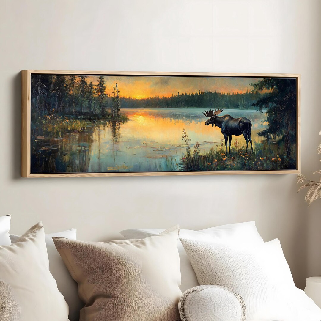 Moose Lake Sunset Wall Art, Wildlife Forest Landscape Print, Rustic ...