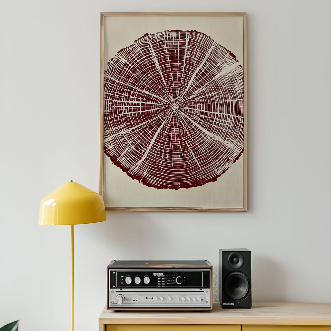 Dark Red Tree Ring Wall Art – Wood Slice Print With Natural Texture ...