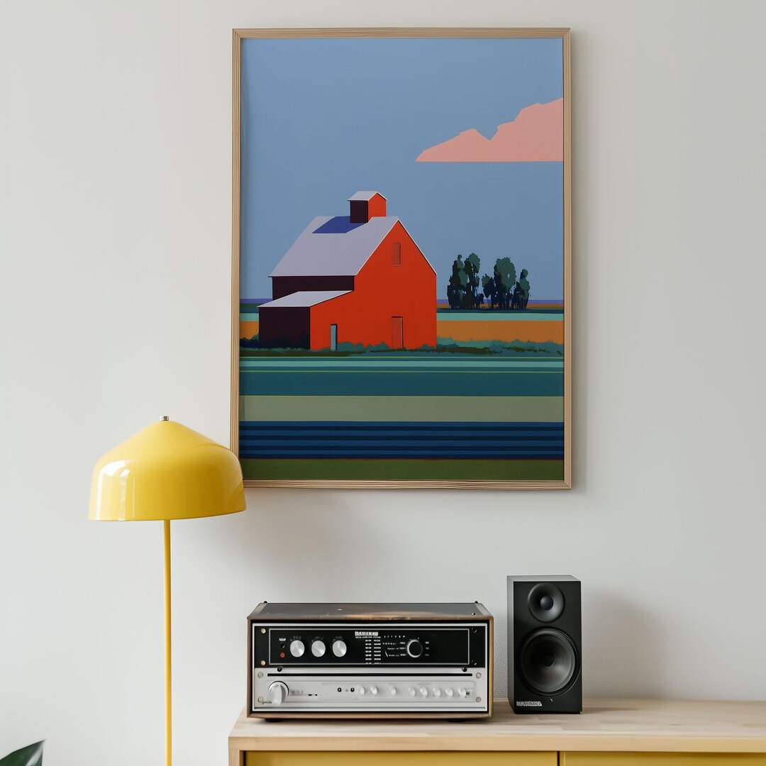 Modern Farmhouse Wall Art Print – Minimalist Red Barn Landscape Poster ...