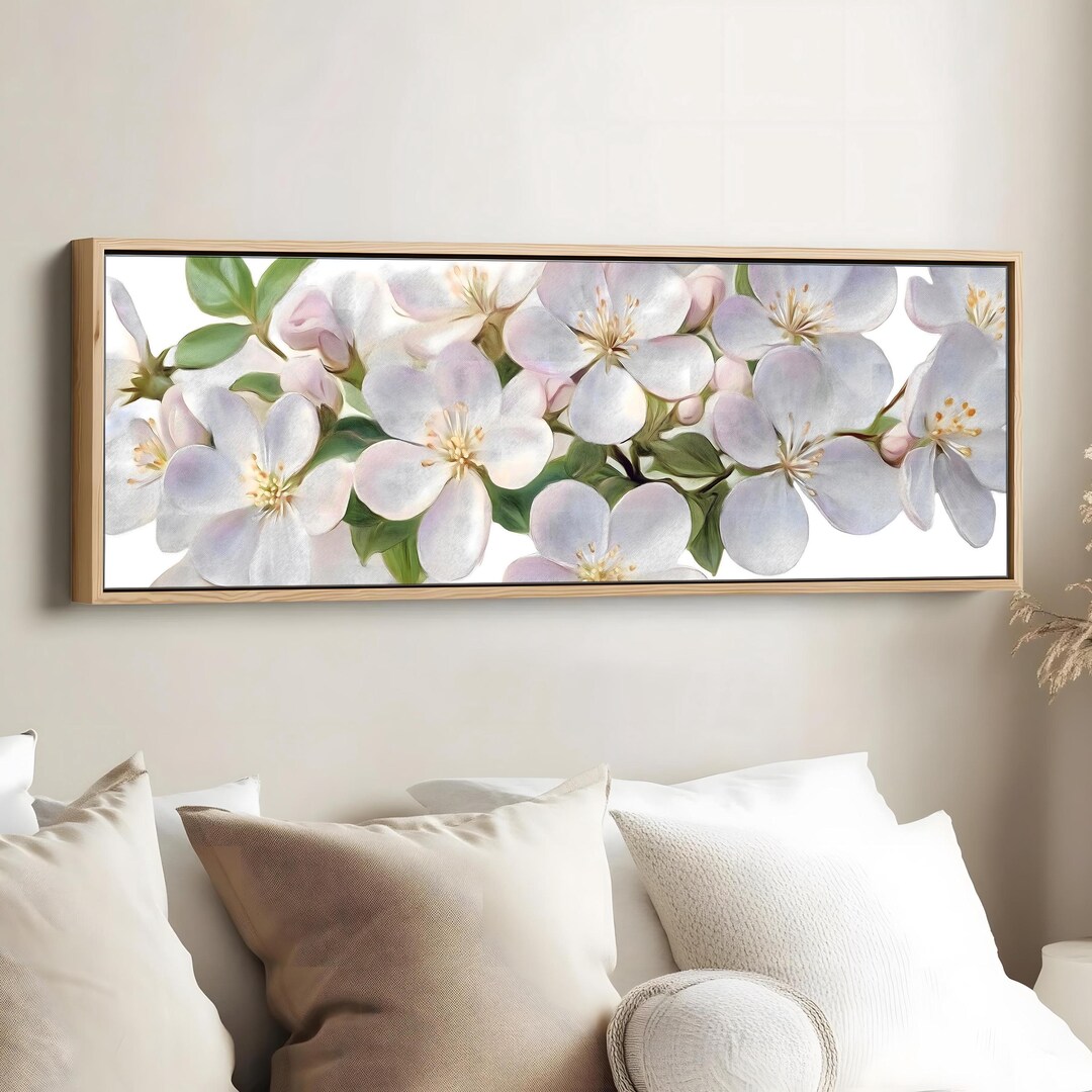 White Cherry Blossom Wall Art, Minimalist Floral Horizontal Print, 1x3 ...