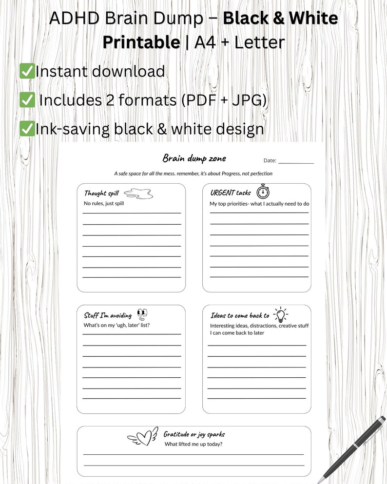 Minimalist ADHD Brain Dump Printable | Black and White To-do and ...