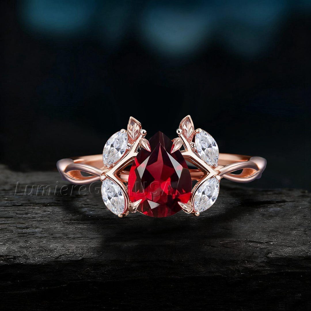 Leaf Ruby Engagement Ring, Pear Cut Red Ruby Ring, Rose Gold Moissanite ...