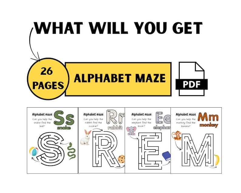 Printable Alphabet Maze Worksheets for Kids, Letter Maze Puzzle Game ...