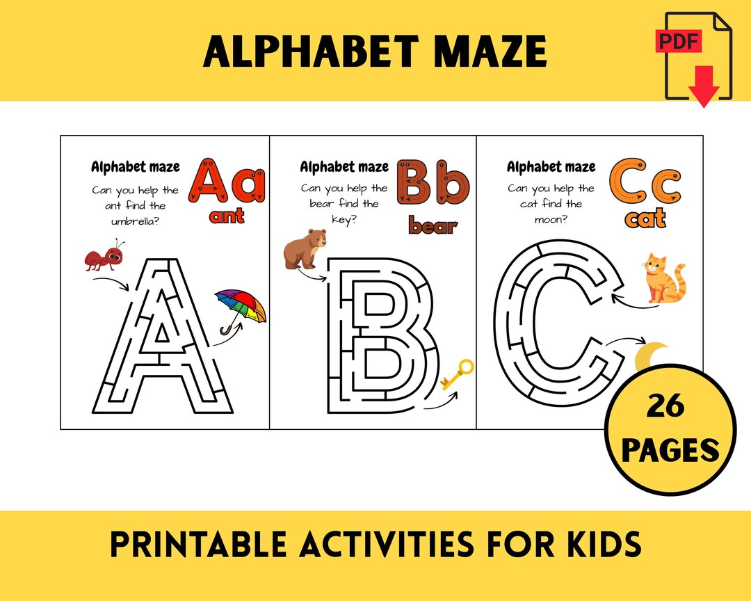 Alphabet Maze Worksheets: Letter Puzzle Game for Kids (PDF Download) - Etsy