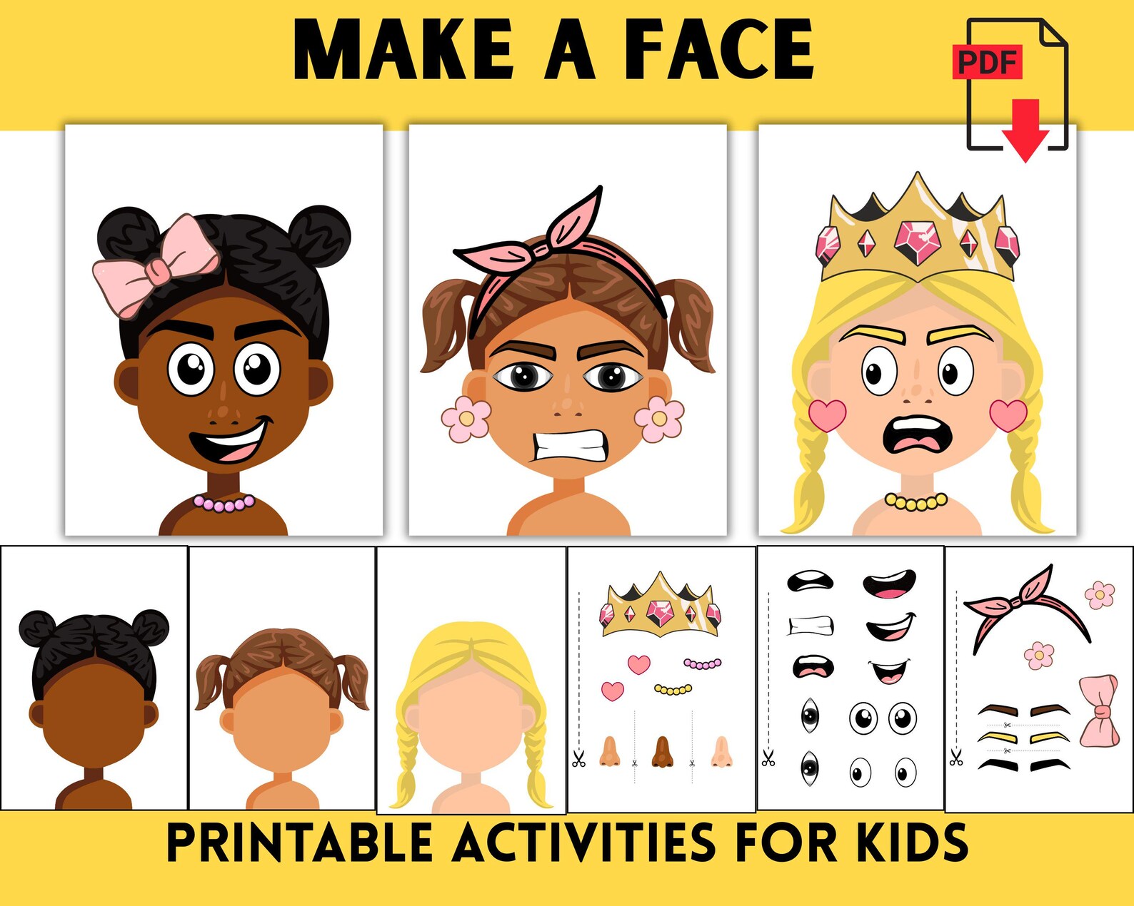 Girl Faces Craft: Cut & Paste DIY Art Activity (printable PDF Download ...