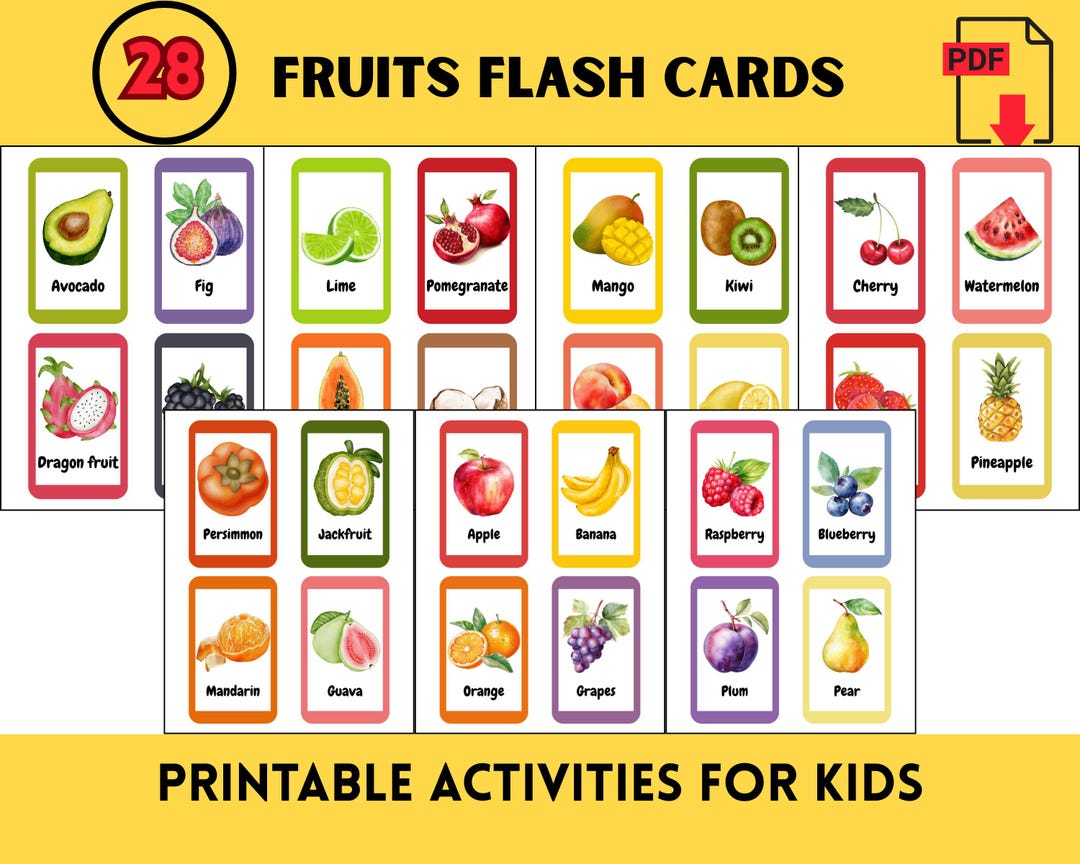 28 Fruits Flashcards for Kids, Montessori Flashcards, Preschool ...
