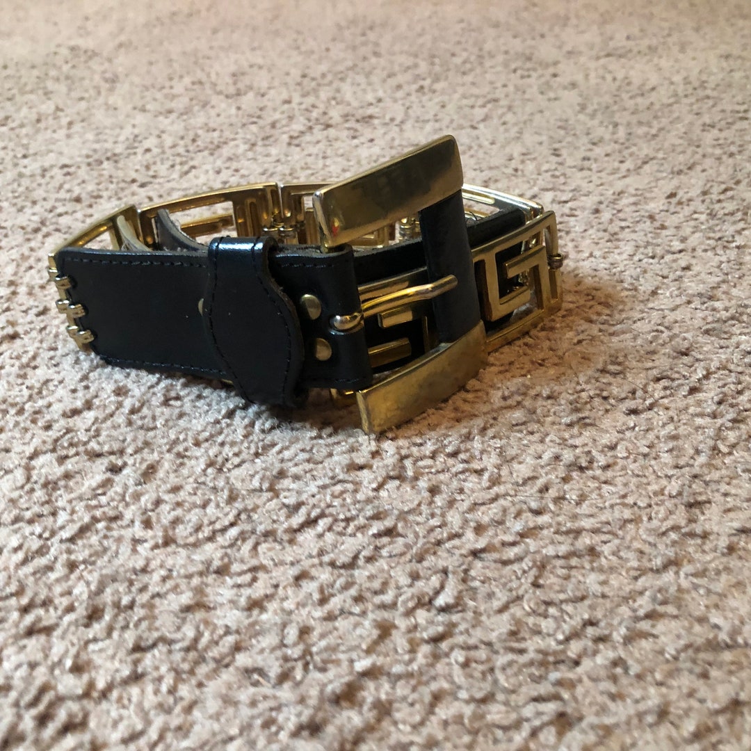 Vintage 70s 80s Womans Belt Greek Keys Black Leather Gold Brass Metal ...