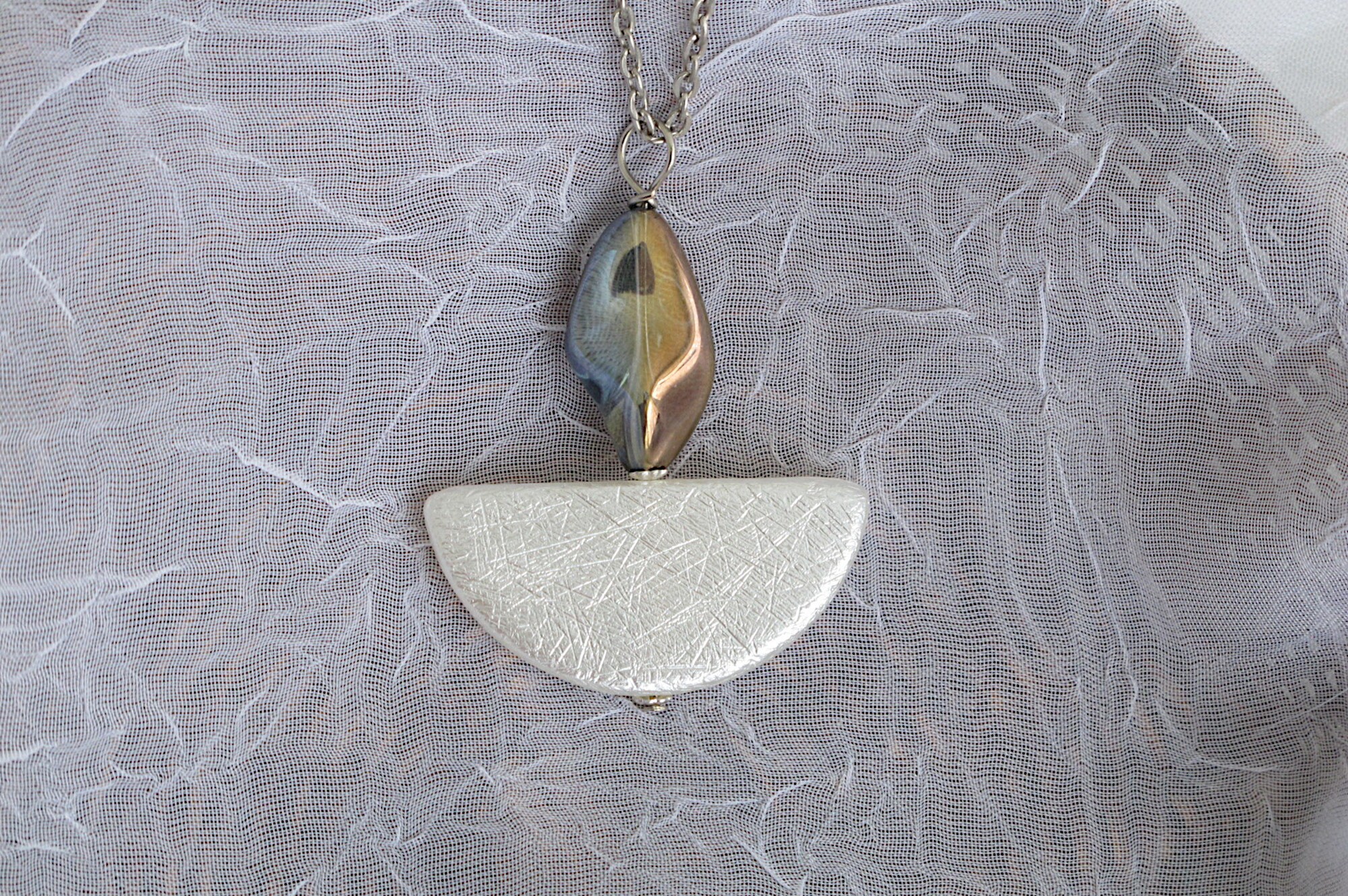 UU Chalice Pendant, Iridescent White Textured Crescent, Glass Twisted ...