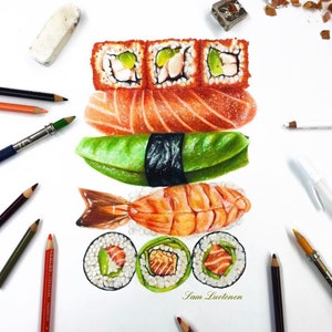 Sushi - Colored Pencil Drawing - Art Print - Etsy