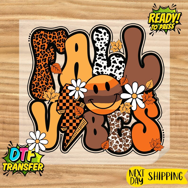 Retro Fall Vibes DTF Transfers, Checker Autumn Ready to Press, Floral ...