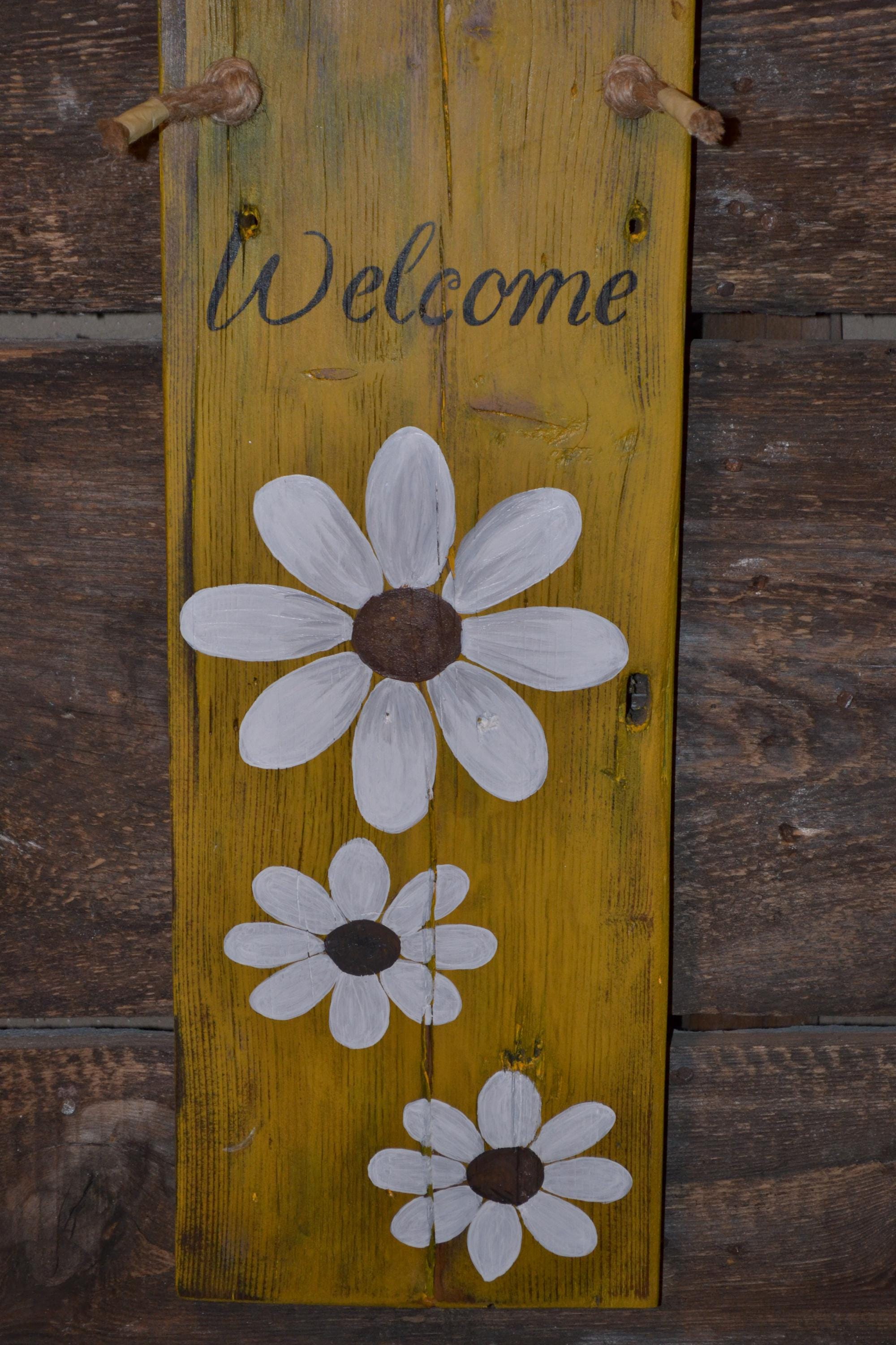 Hand-painted Daisy Welcome Sign – Rustic Reclaimed Wood Home Decor - Etsy