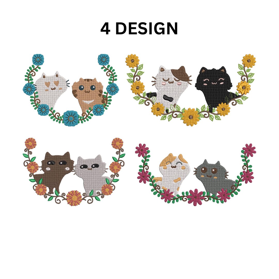 Cat Couple Embroidery File , Floral Kitty Pair Embroidery Design , Six ...