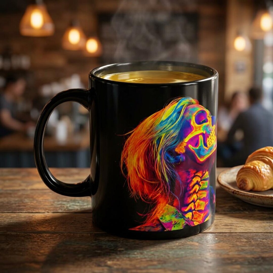 Neon Rainbow Skull Mug | Colorful Skeleton Drinking Cup | Black Ceramic ...