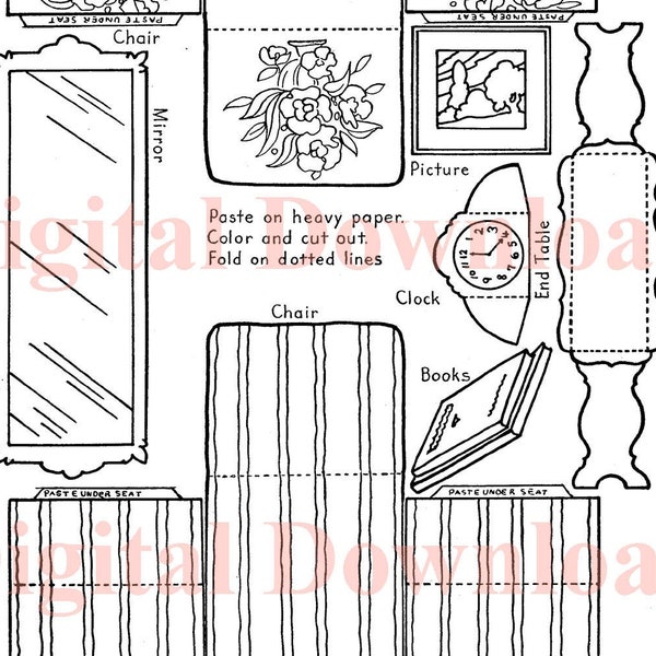 INSTANT PRINTABLE Digital Download: 3 Pages Paper Furniture to Color ...