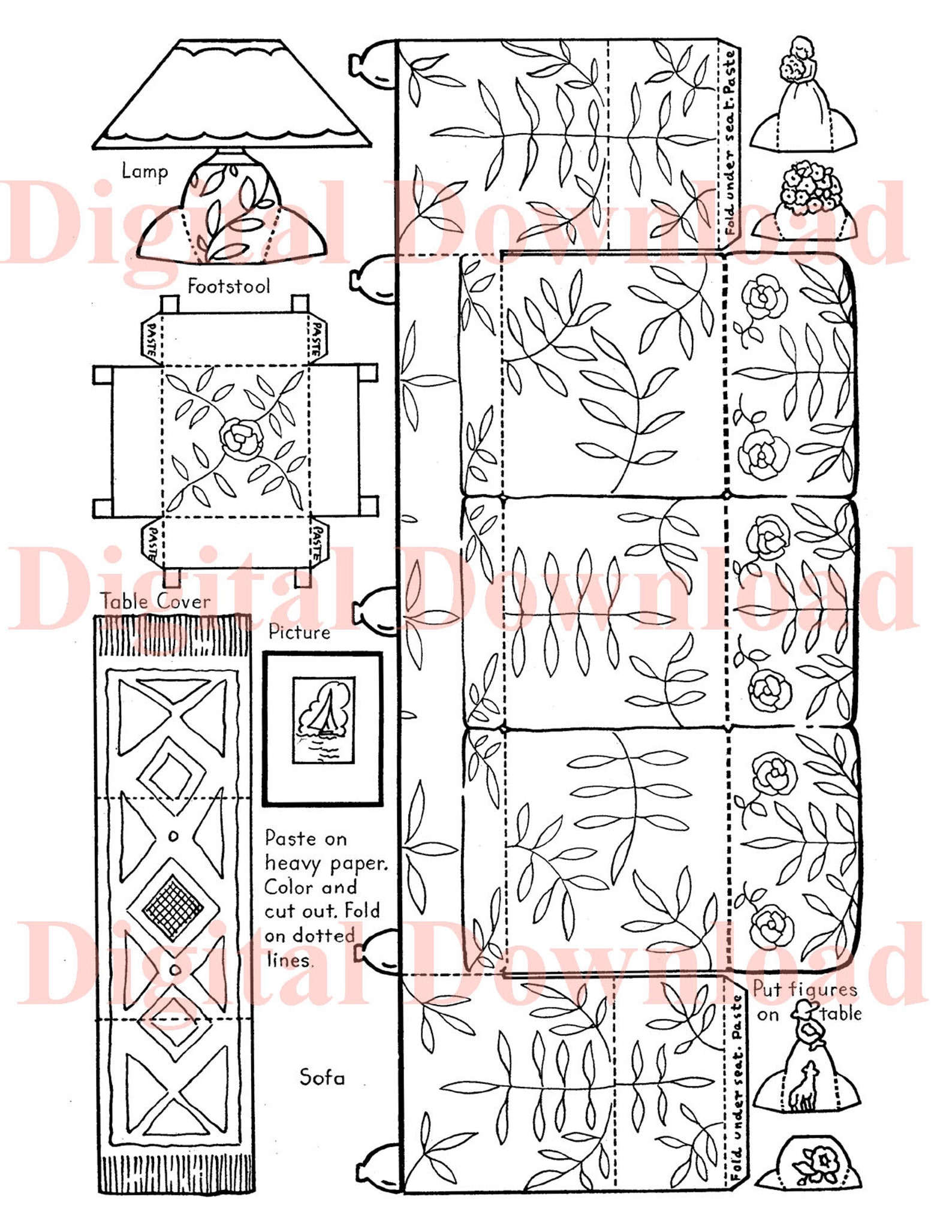 INSTANT PRINTABLE Digital Download: 3 Pages Paper Furniture to Color ...
