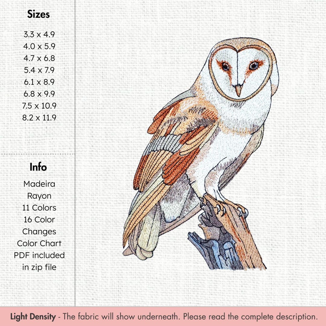 Barn Owl Embroidery Design Bird of Prey Pattern Woodland Owl Embroidery ...