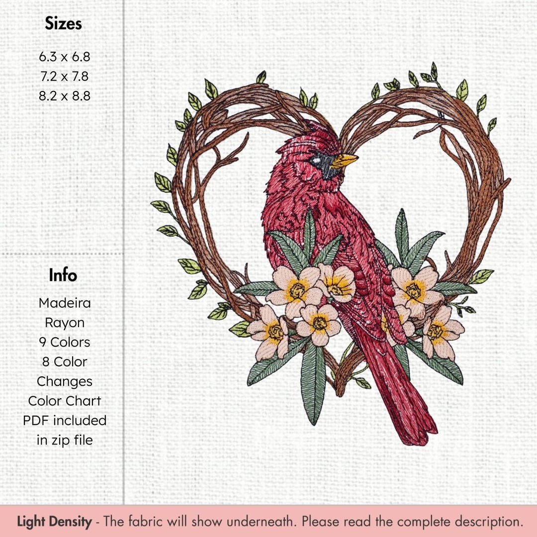Cardinal Heart Wreath Embroidery Design Winter Bird Embroidery Pattern ...