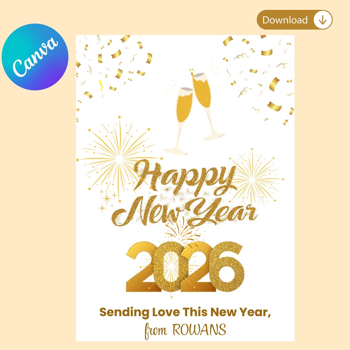Editable Happy New Year 2026 Card | Canva Template (digital Download ...