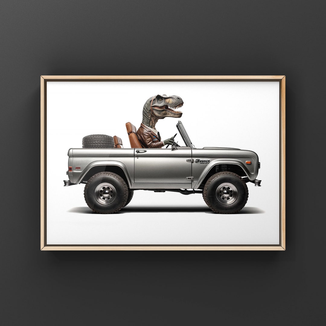 T-rex Driving 1970s Silver Bronco, Photo Print, Boys Room Decor ...