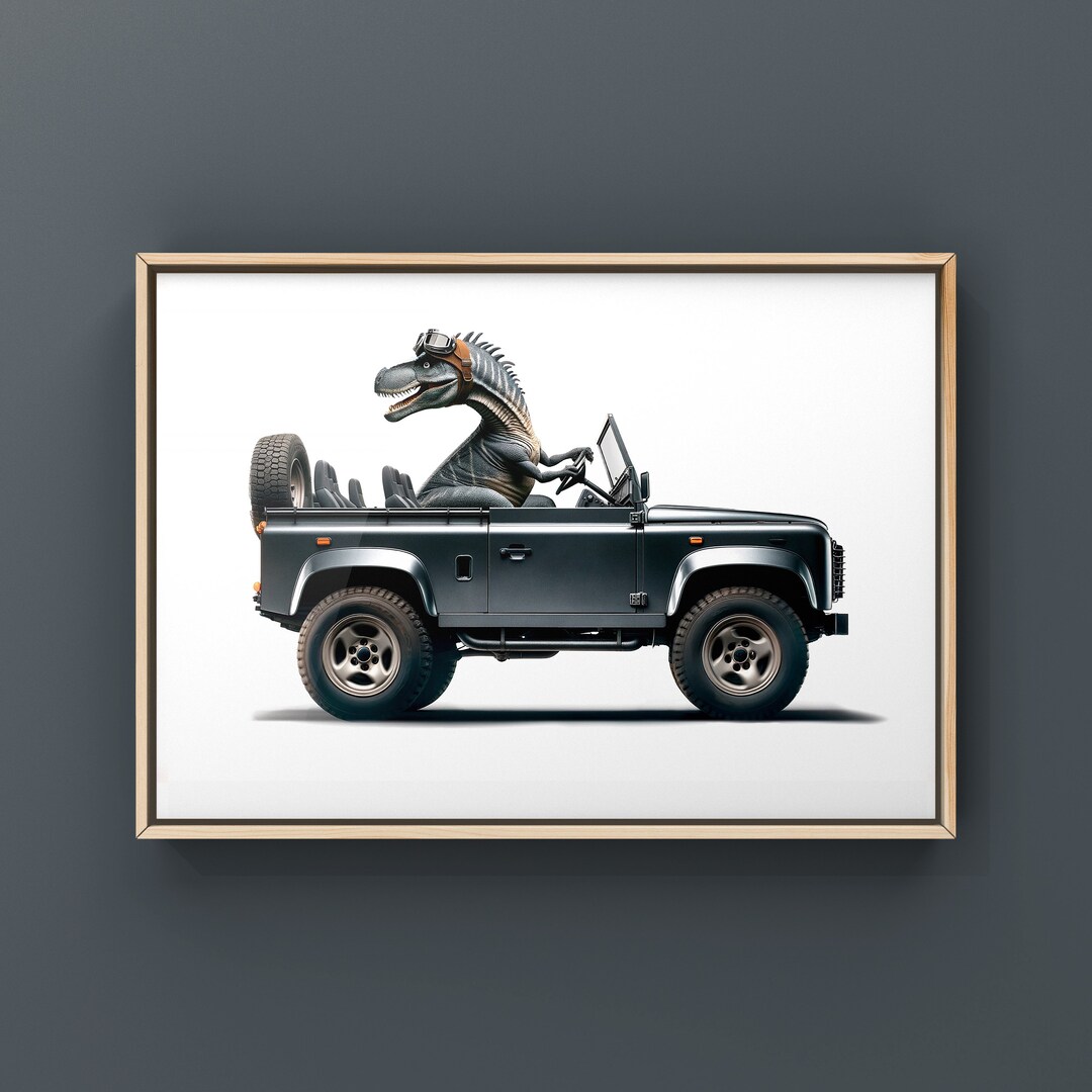 Spinosaurus Driving 90s Black Land Rover Art Print, Dino Drivin Room ...