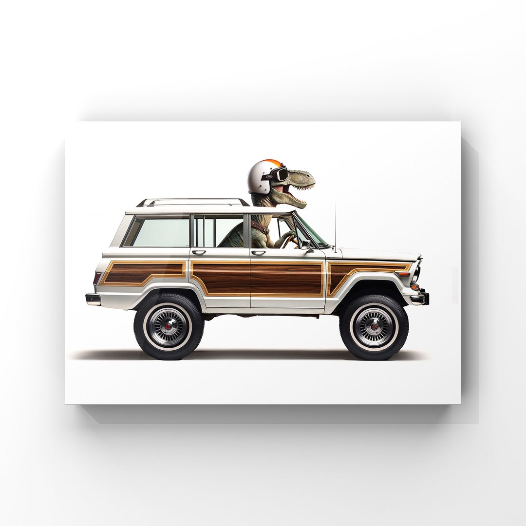 Dino Art Print: T-rex Driving 1970s Wagoneer - Etsy