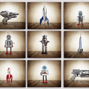 Retro Robots Set of 9 CANVAS Prints Retro Space Rockets, Rayguns and ...