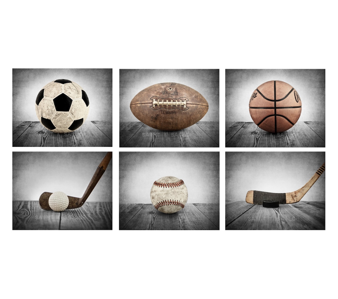 Vintage Sport Prints, Color on Grey Background Set of 6 , Sports Decor ...